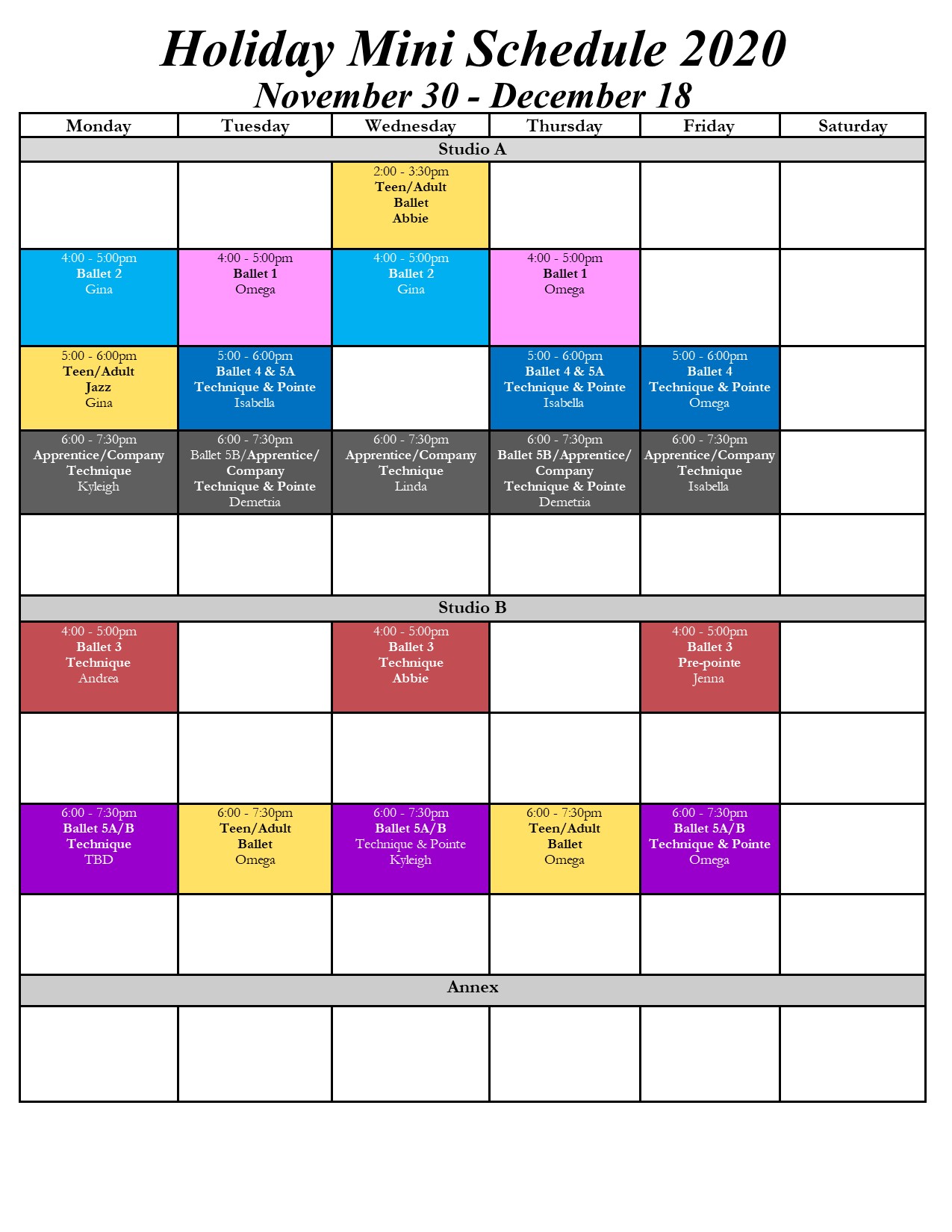 HOLIDAY MINI SCHEDULE 11/3-12/18